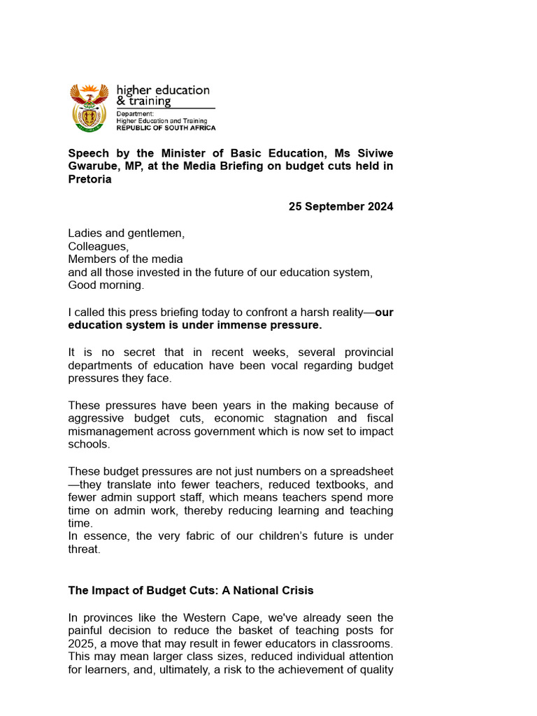 Speech by Minister Gwarube - Media Briefing 25 September 2024 | PDF | Austerity | Social Science