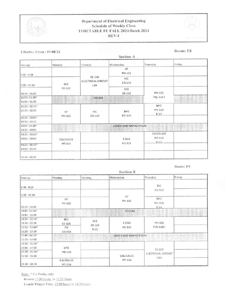 Time Table For FE Fall Semester-2024 Rev-I | PDF