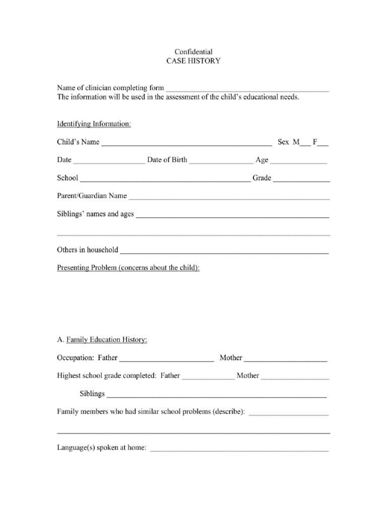Case History Form For Parent Interview | PDF