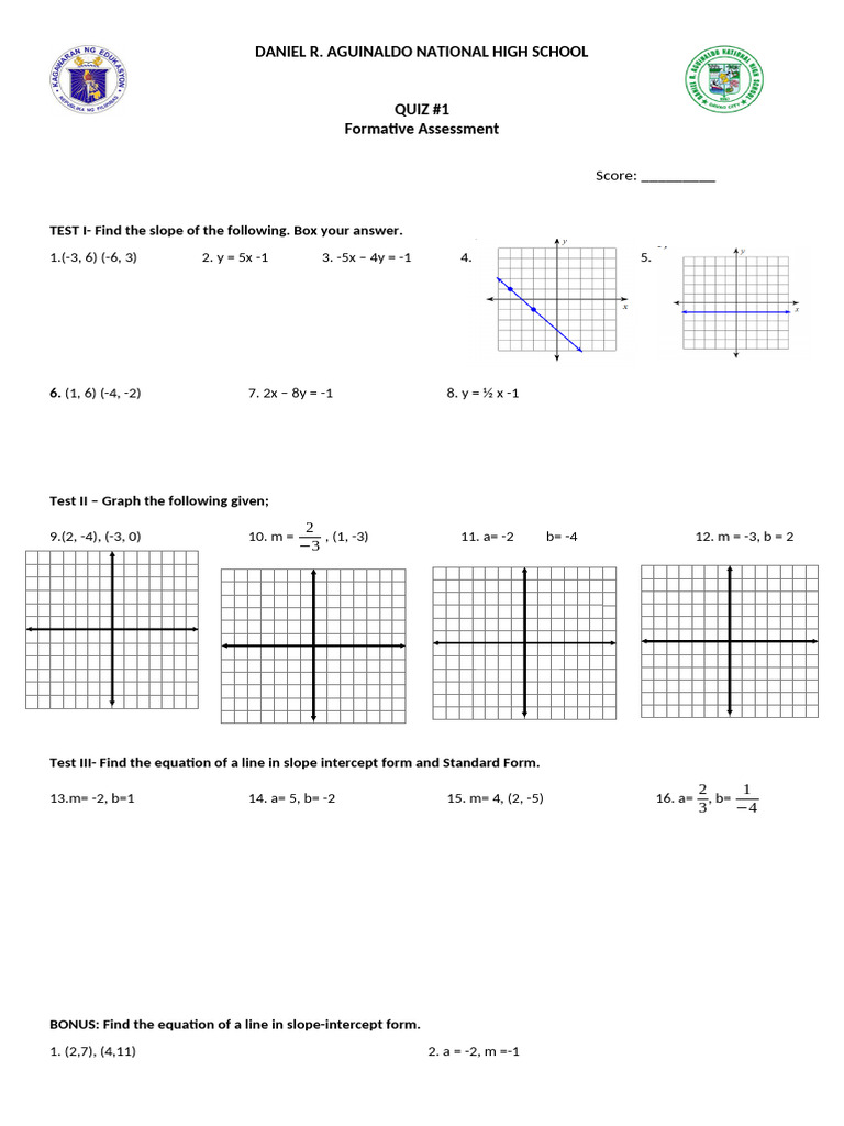Math 8 Quiz: Slope and Graphing Concepts | PDF
