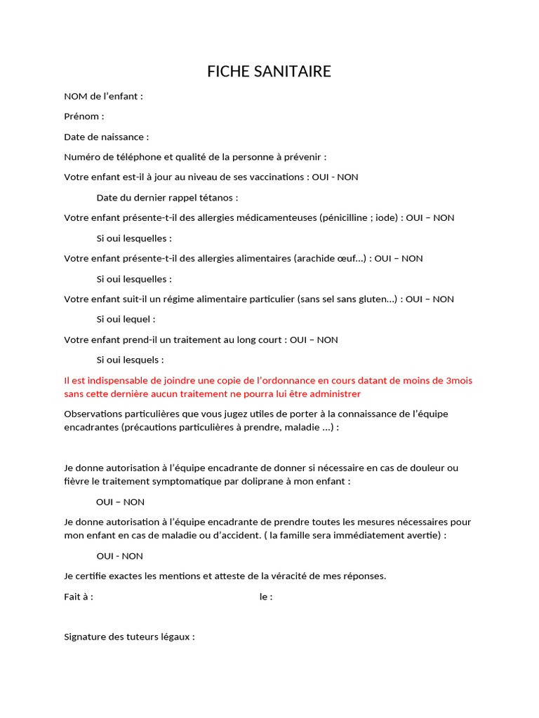 Fiche Sanitaire | PDF