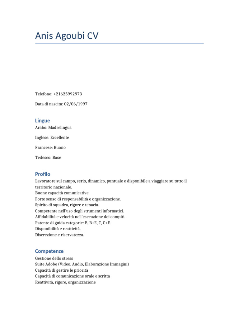 Anis Agoubi CV Italian | PDF