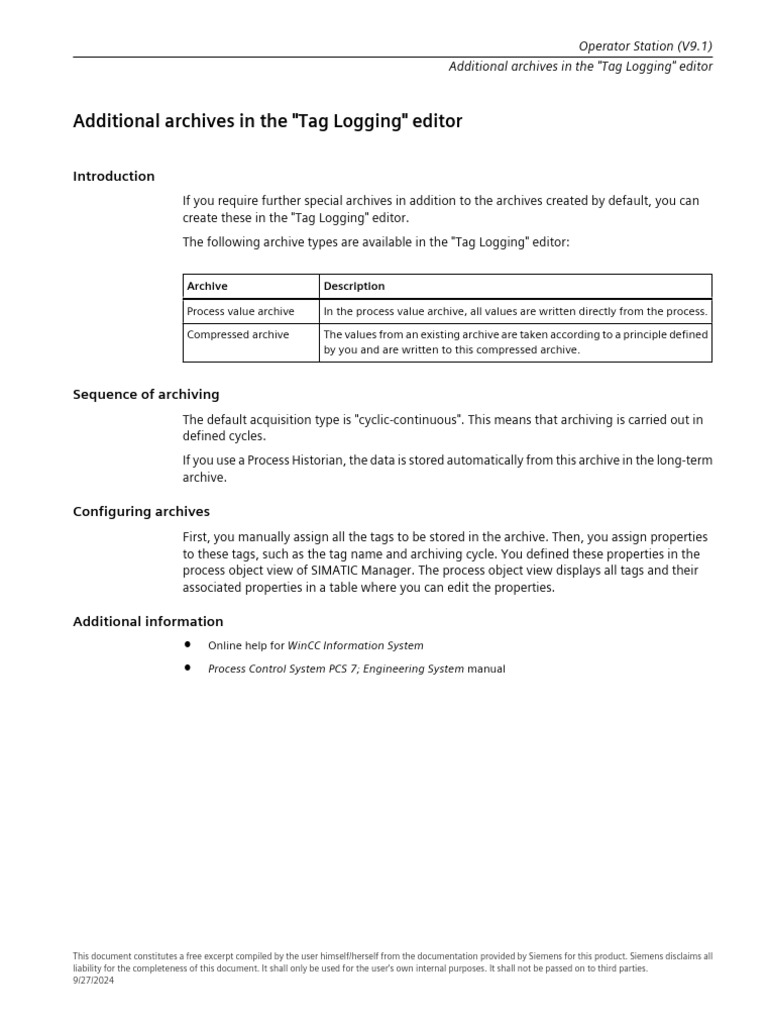 Operator Station (V9.1) - Additional Archives in The - Tag Logging ...