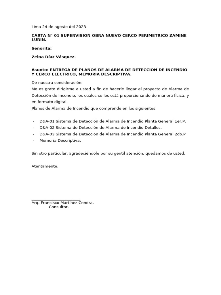 Carta Para Entrega de Planos de Alarma de Deteccion de Incendio Zamine ...