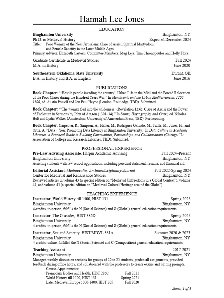Hannah L. Jones CV 2025 | PDF | Social Science | History