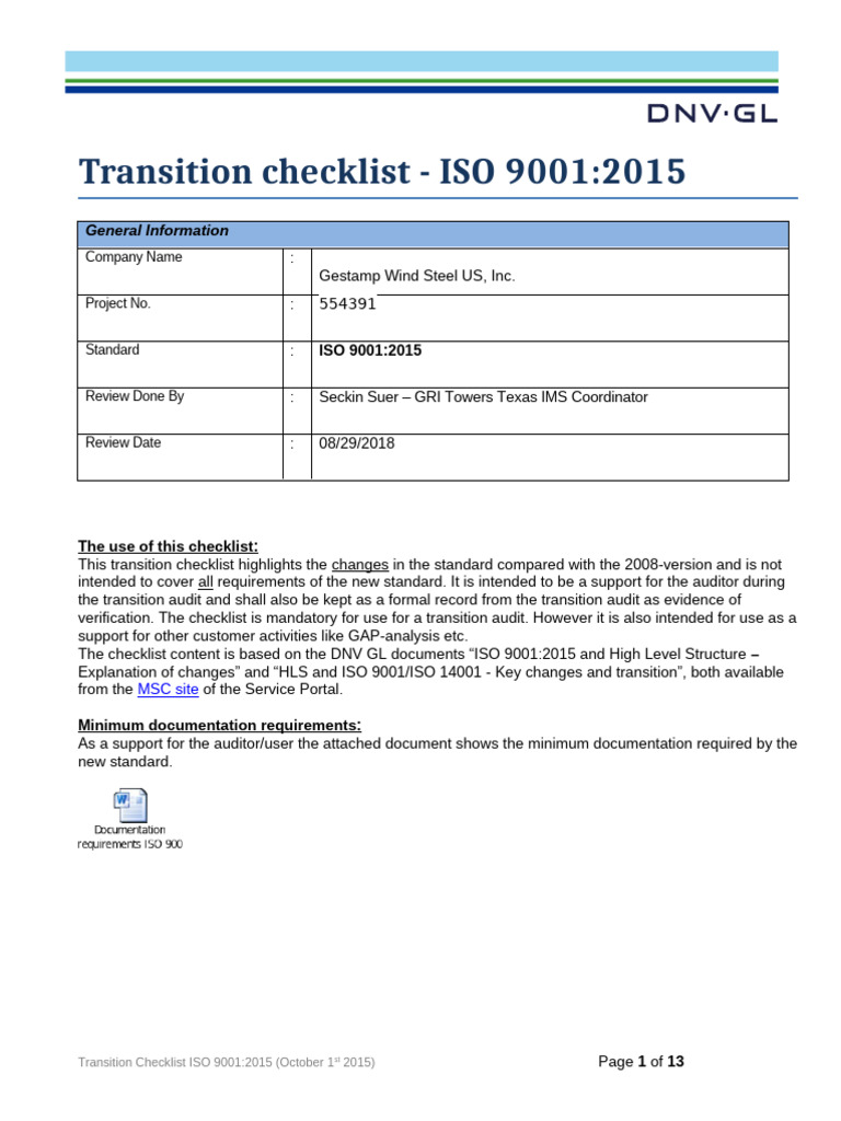 Transition Checklist ISO 9001 2015 | PDF