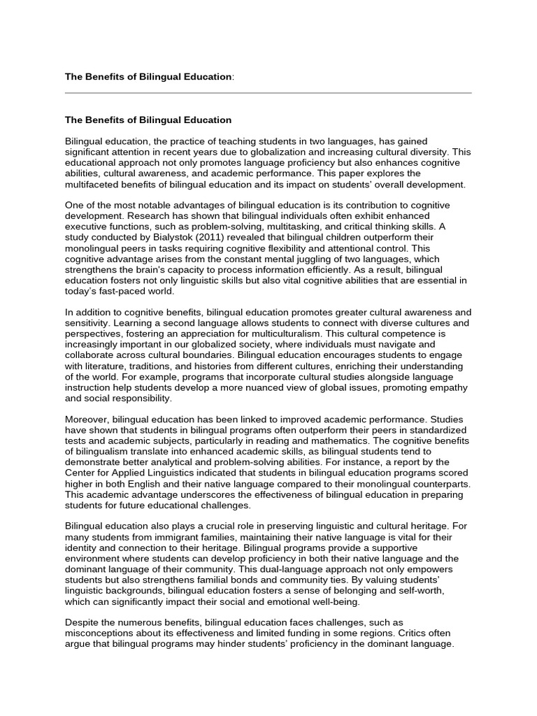 Benefits of Bilingual Education | PDF | Multilingualism | Behavior ...