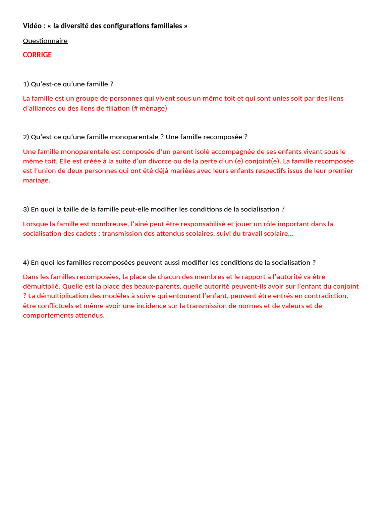 CORRIGE questionnaire la diversité des configurations familiales | PDF