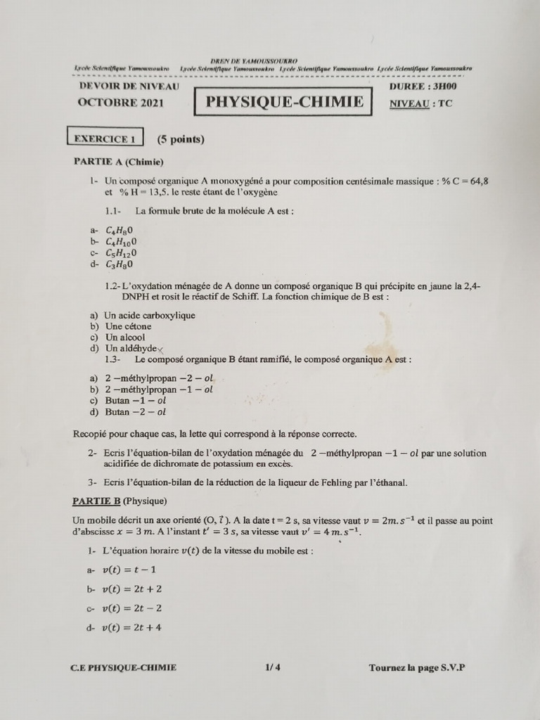 Compilation Des Devoirs de Physique-Chimie de TLE C Du Lycée Scientifique de Yamoussoukro 2021 ...