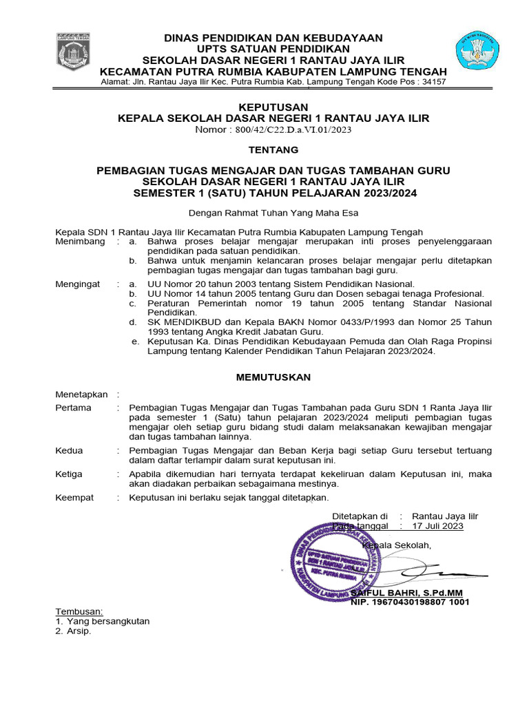 SK Pembagian Tugas Guru 2023 2024 Semester 1 Oke | PDF