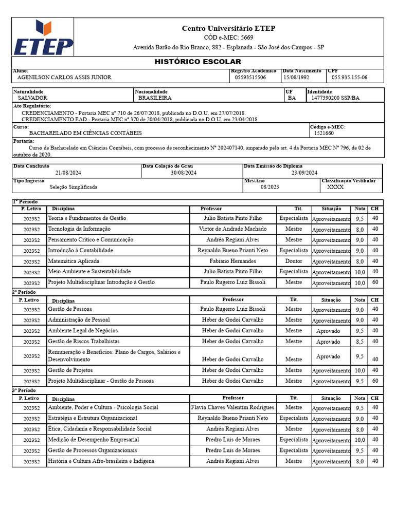 Centro Universitário ETEP: Histórico Escolar | PDF