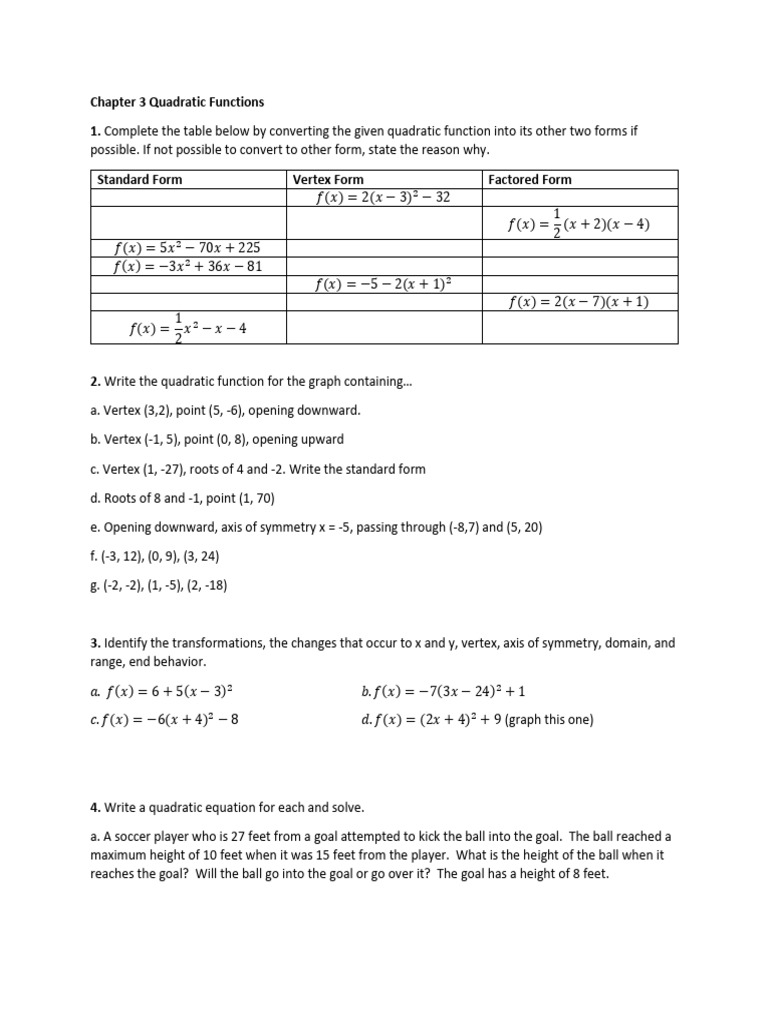Chapter 3 Quadratic Functions Spiral-3 | PDF