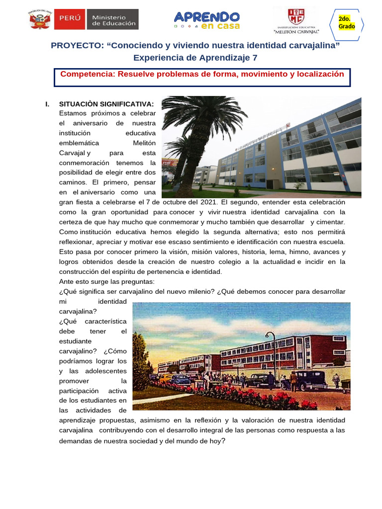 PROYECTO: "Conociendo y Viviendo Nuestra Identidad Carvajalina" Experiencia de Aprendizaje 7 | PDF