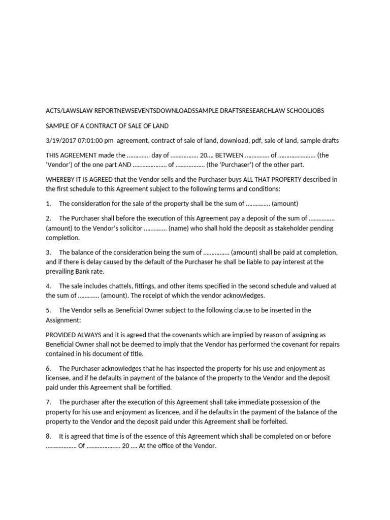 Sample of A Contract of Sale of Land | PDF
