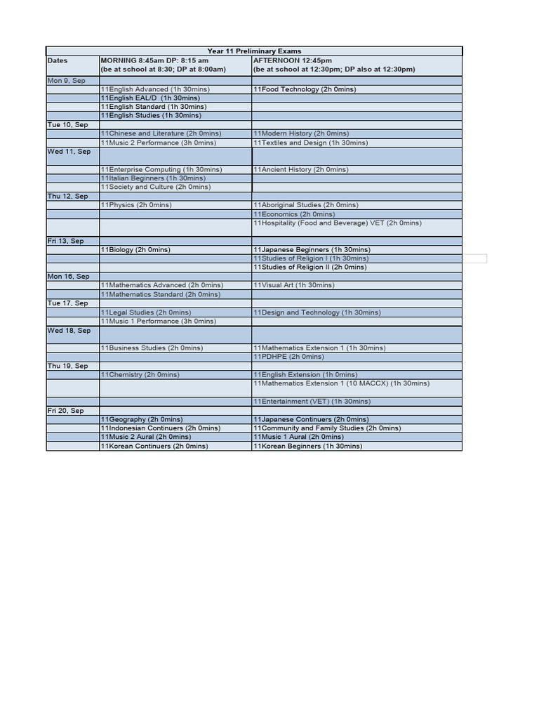 Year 11 Prelim Exam Timetable - Student Version Final | PDF