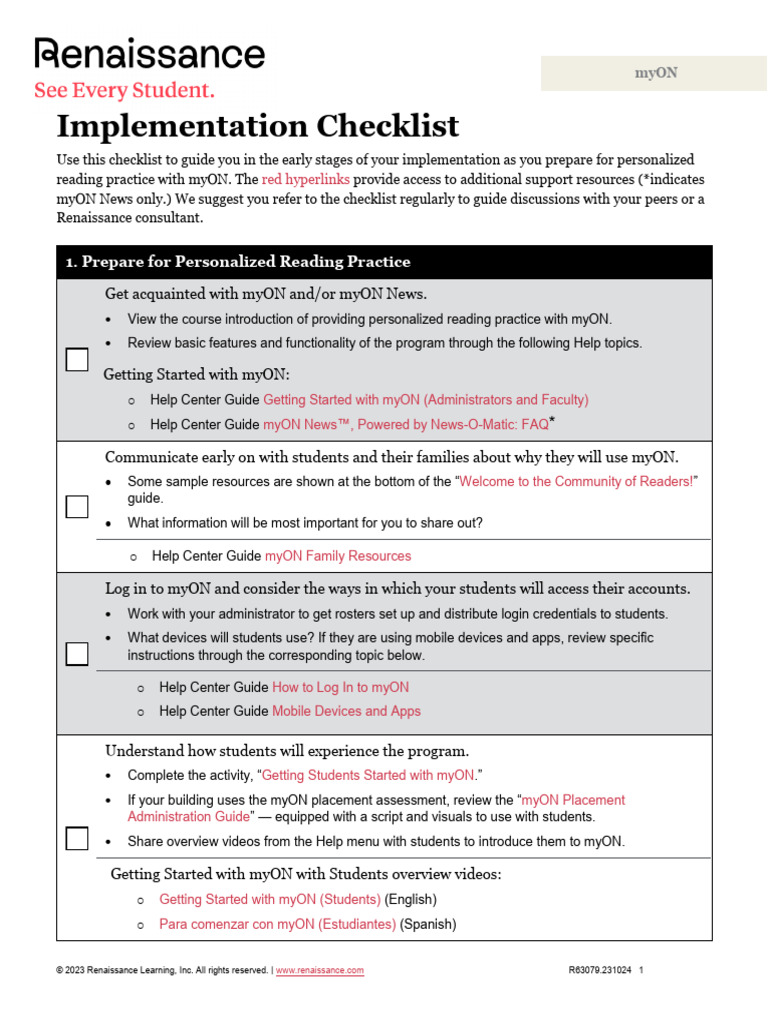 myON - Smart Implementation Checklist | PDF