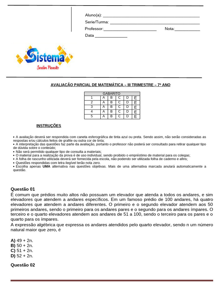 AVP 3 TRIM DE MATEMATICA 7 ANO 24 | PDF