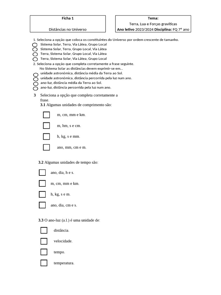Ficha 1 FQ 7º Distancias p1 | PDF