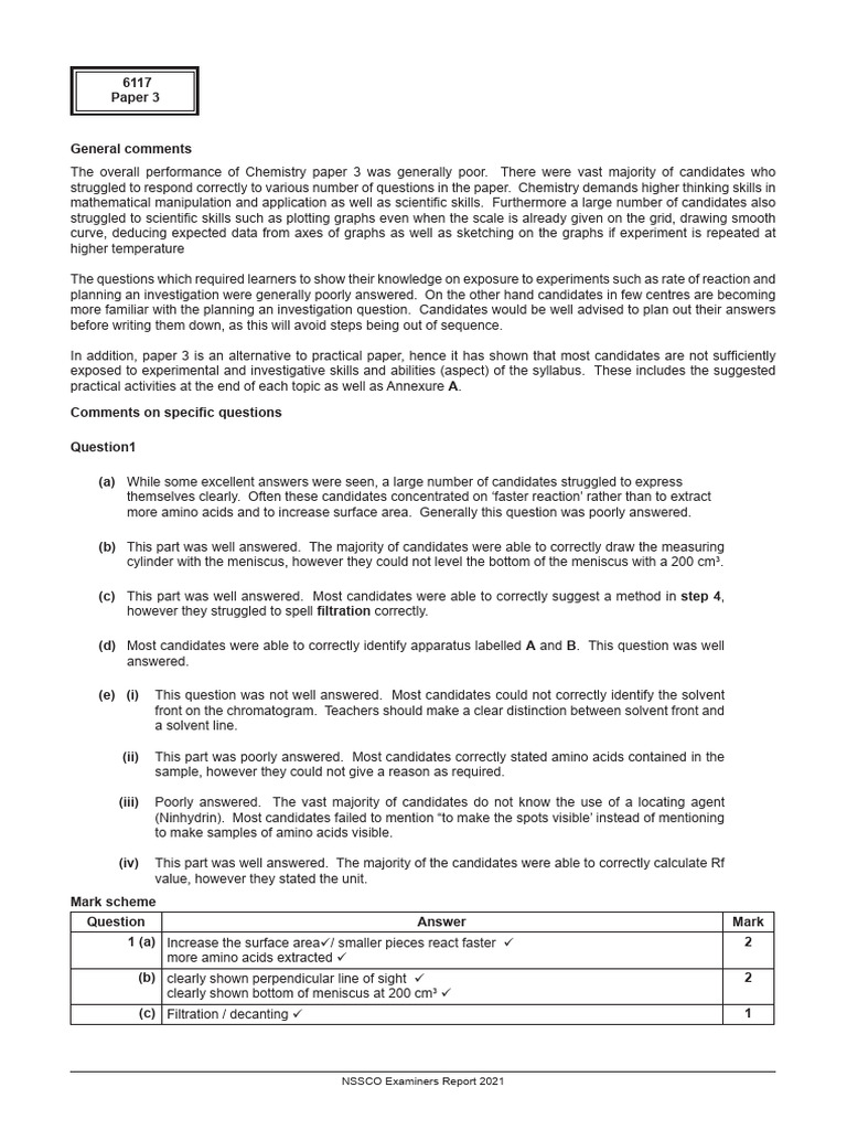 6117 Paper 3 General Comments: NSSCO Examiners Report 2021 | PDF