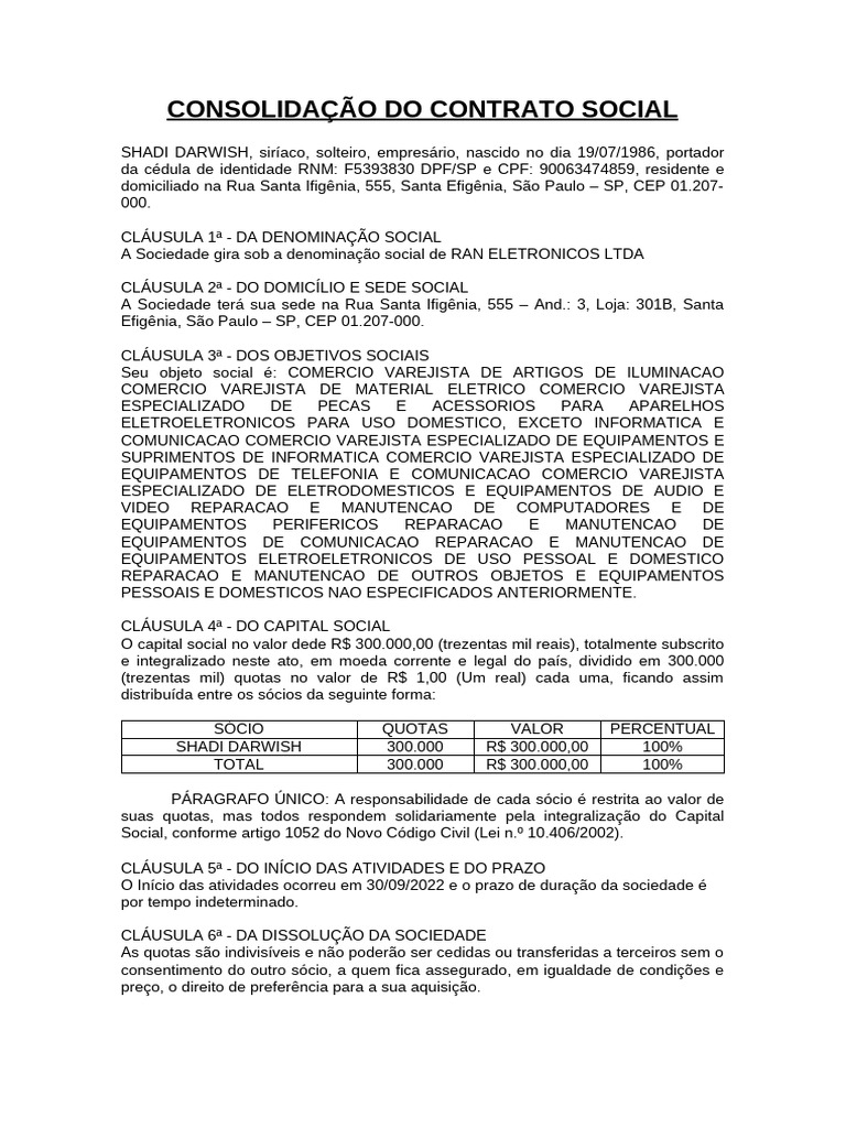Modelo CONSOLIDAÇÃO DO CONTRATO SOCIAL | PDF