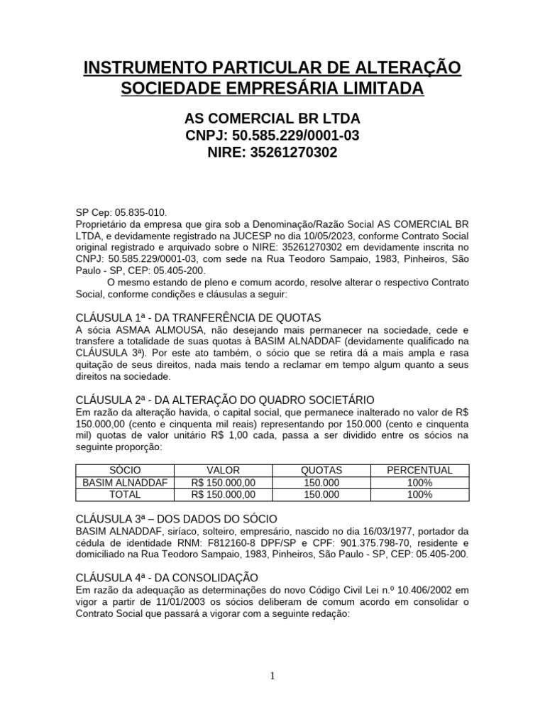Modelo Contrato de Alteração de Sócio e Consolidação (Ltda) | PDF
