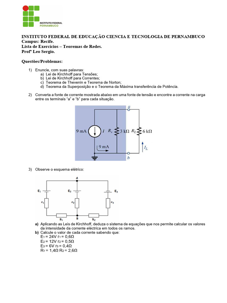 LISTA-1 (Teoremas de Redes) | PDF
