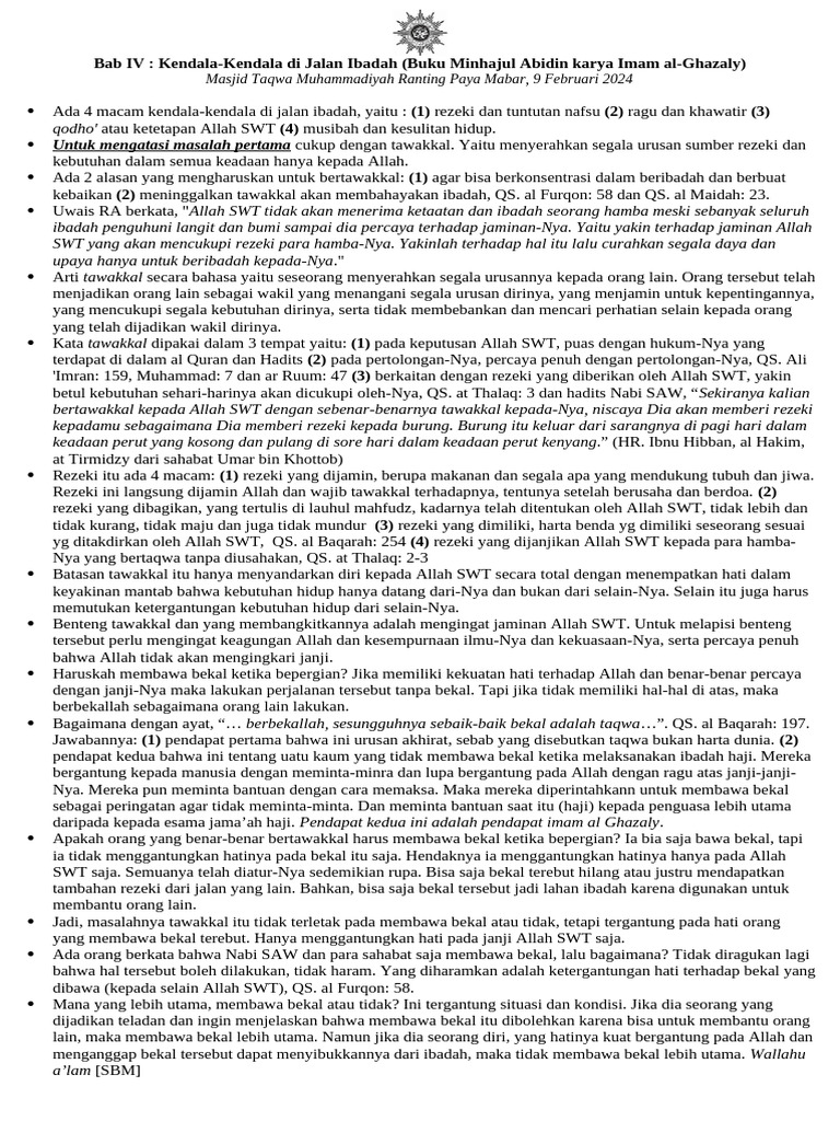 Ringkasan Minhajul Abidin 07 Bab 4 A | PDF