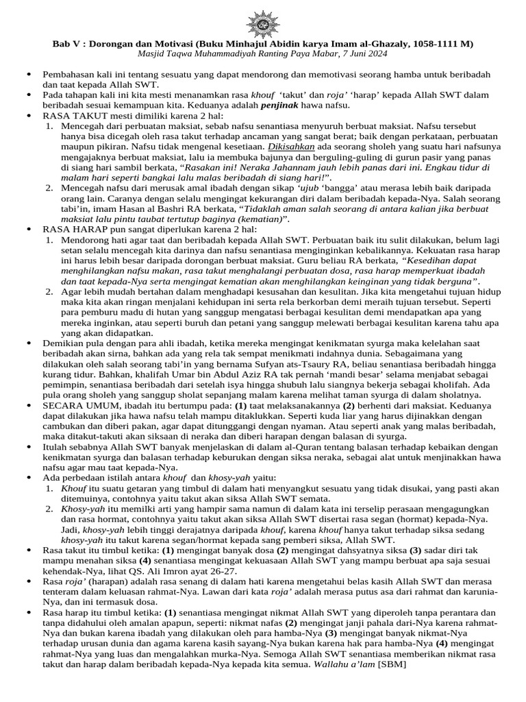 Ringkasan Minhajul Abidin 10 Bab 5 A | PDF