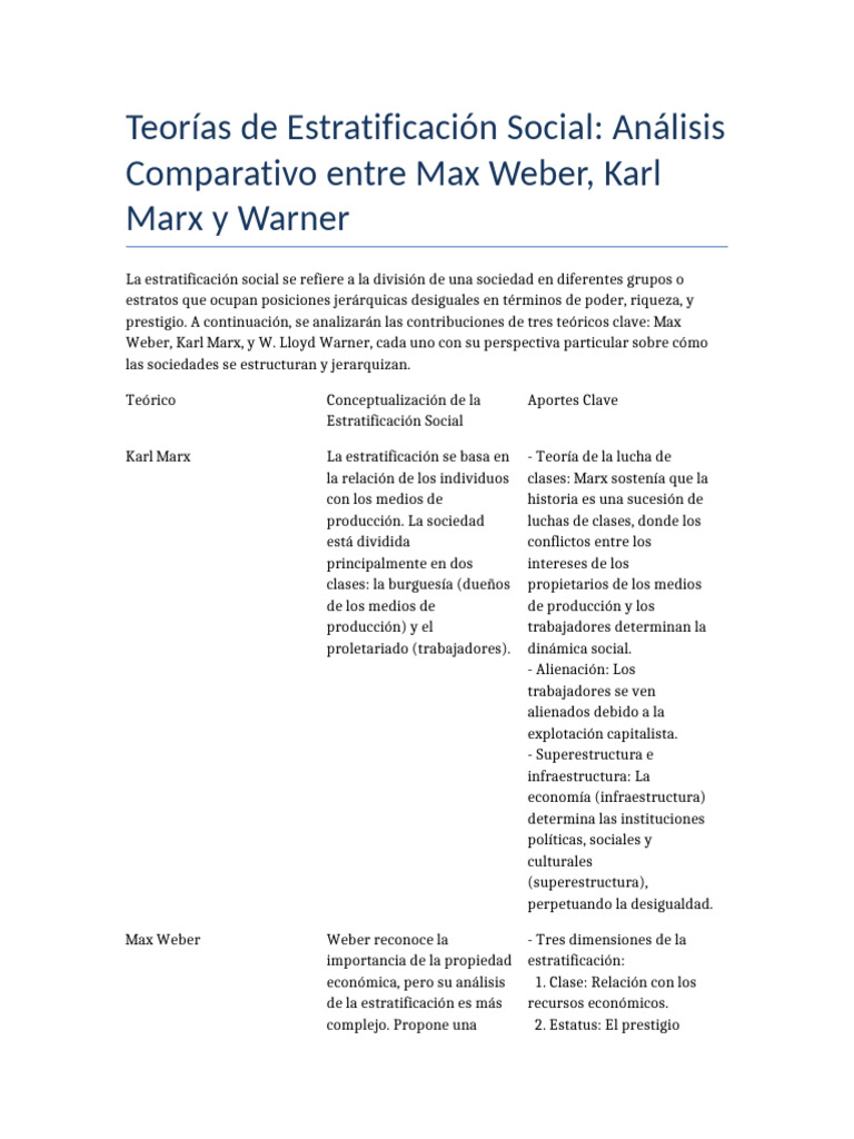 Estratificacion Social Weber Marx Warner | PDF