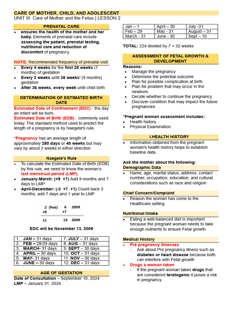 UNIT III: Care of Mother and The Fetus - LESSON 2 | PDF