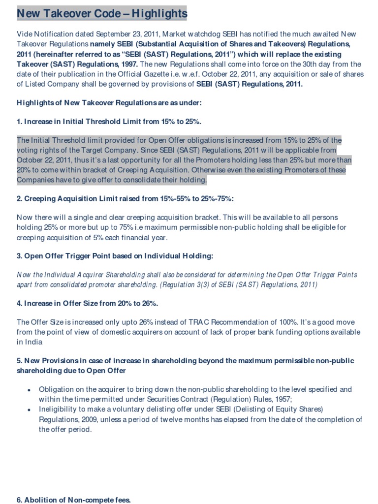 NEW Takeover Code Highlights | PDF | Takeover | Stocks