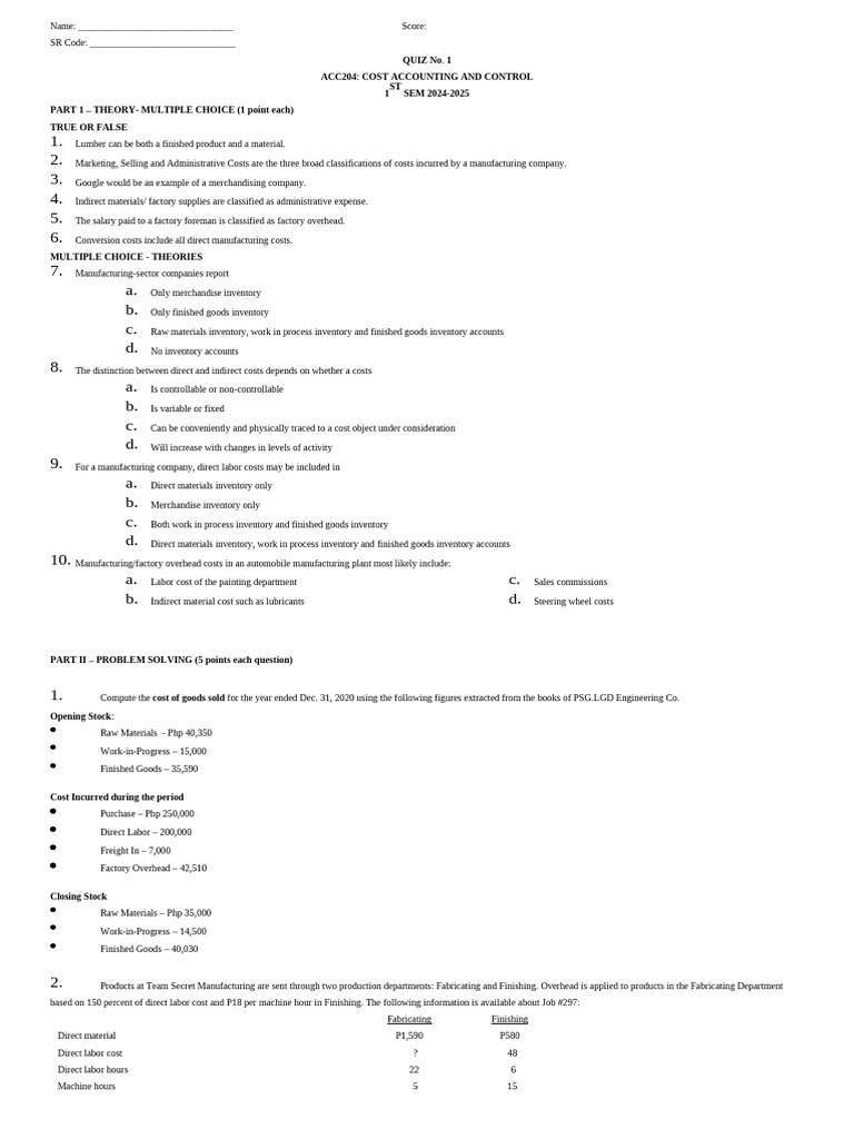 ACC 204 Quiz 1 | PDF