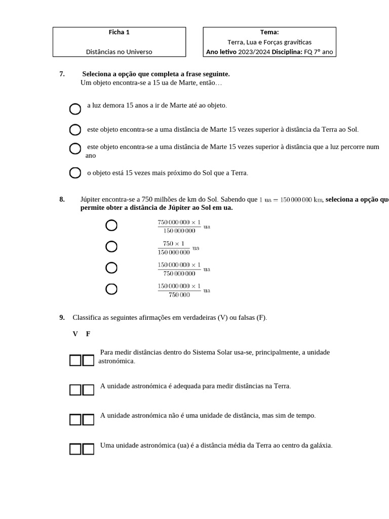 Ficha 1 FQ 7º Distancias p4 | PDF