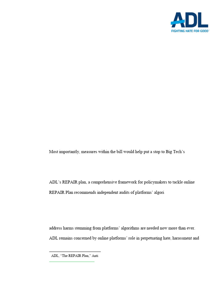 ADL Letter To House Energy Commerce Re Algorithms | PDF