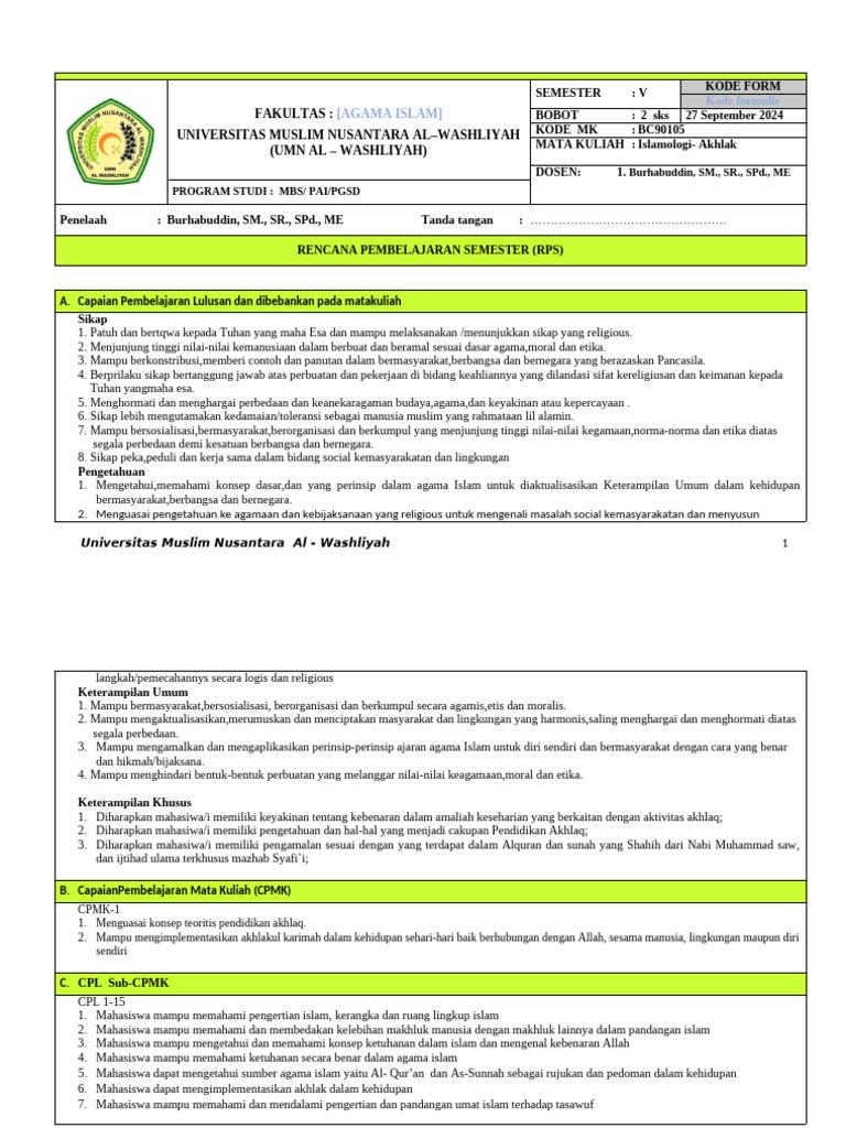 RPS AKHLAK Kelas 5C PGSD | PDF