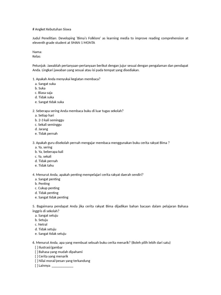 Student Needs Questionnaire - MD | PDF | Language Arts & Discipline