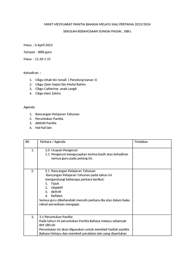 MINIT MESYUARAT PANITIA BAHASA MELAYU KALI PERTAMA 2023 Catherine | PDF