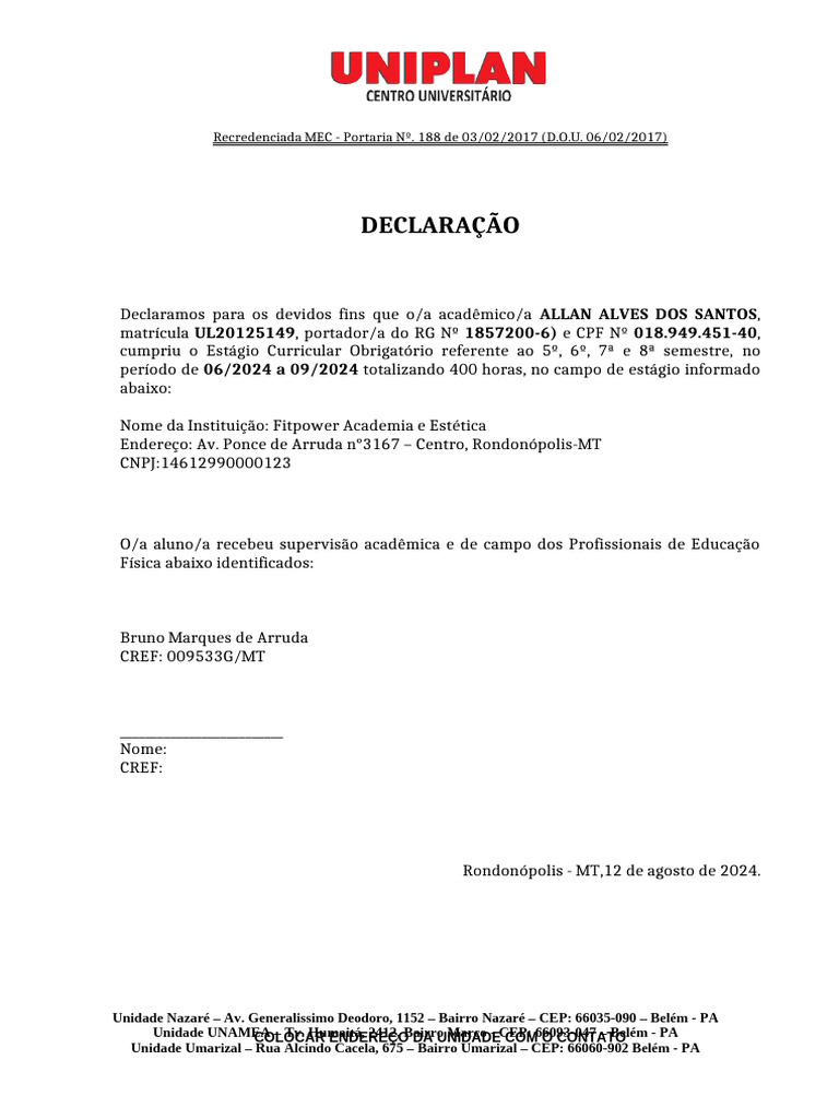 Declaração Educação Física - Total Carga Horaria - Uniplan | PDF