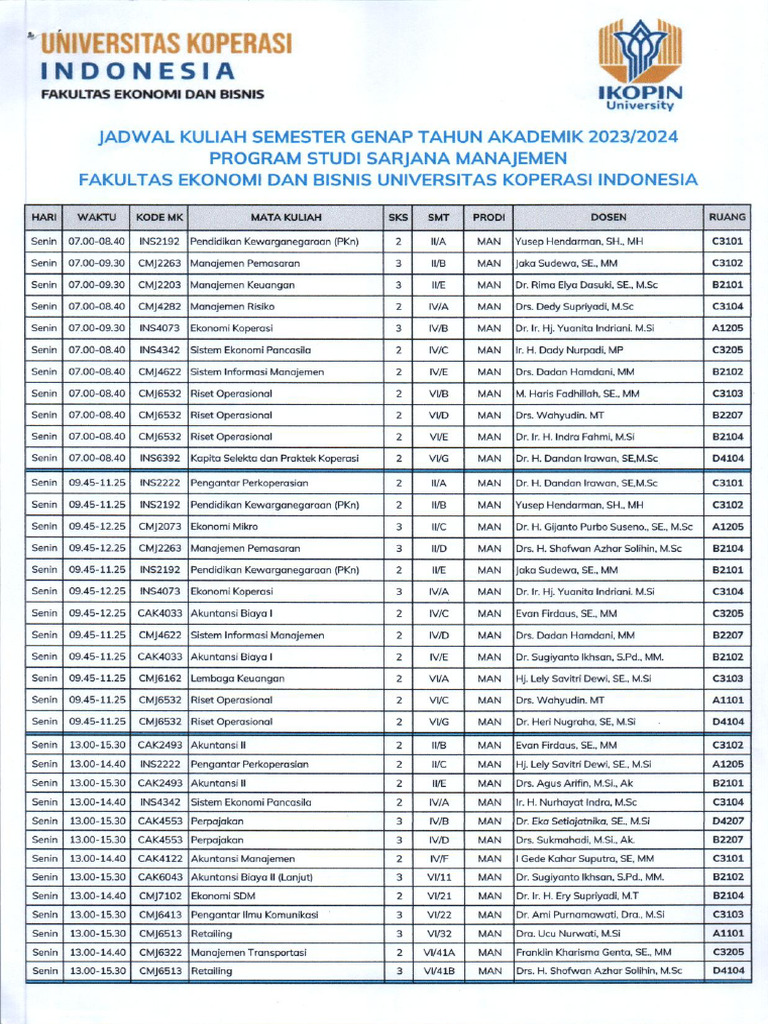 Jadwal Kuliah SMT Genap 2023-2024 Manajemen | PDF