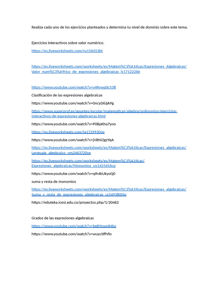 Ejercicios Interactivos Sobre Valor Numã©rico Algebra | PDF
