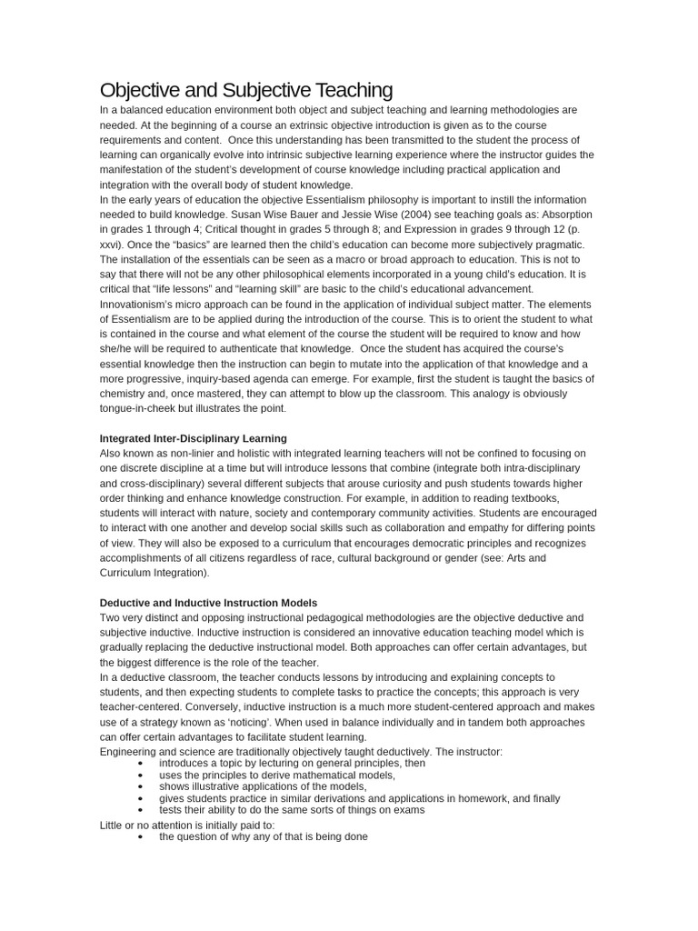 Objective and Subjective Teaching | PDF | Learning | Inductive Reasoning