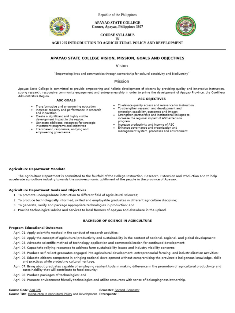 Syllabus in Introduction To Agricultural Policy and Development | PDF