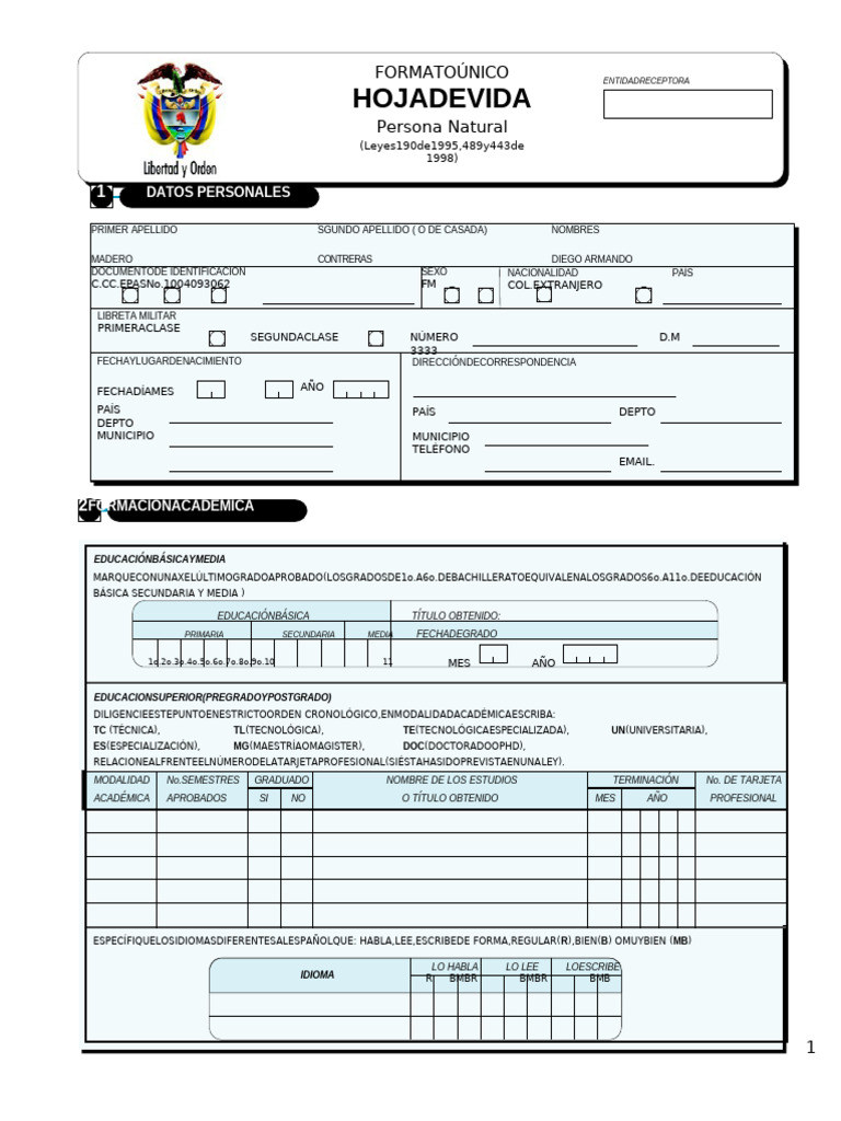 Formato Unico De Hoja De Vida Persona Natural Pdf