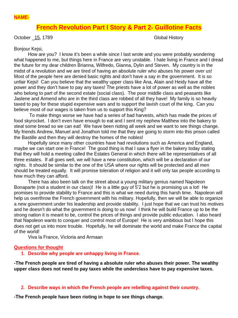 Napoleon Story and Guillotine Facts HW | PDF