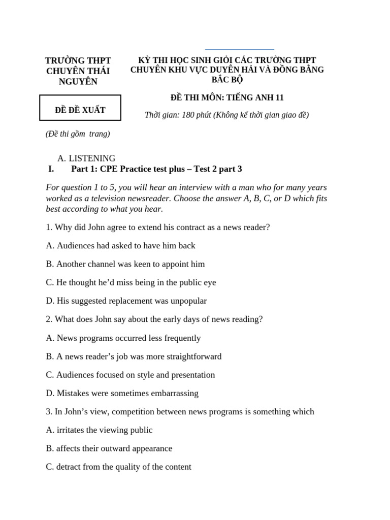 Đề Đề Xuất Tiếng Anh 11 DHBB 2018 - Thái Nguyên | PDF