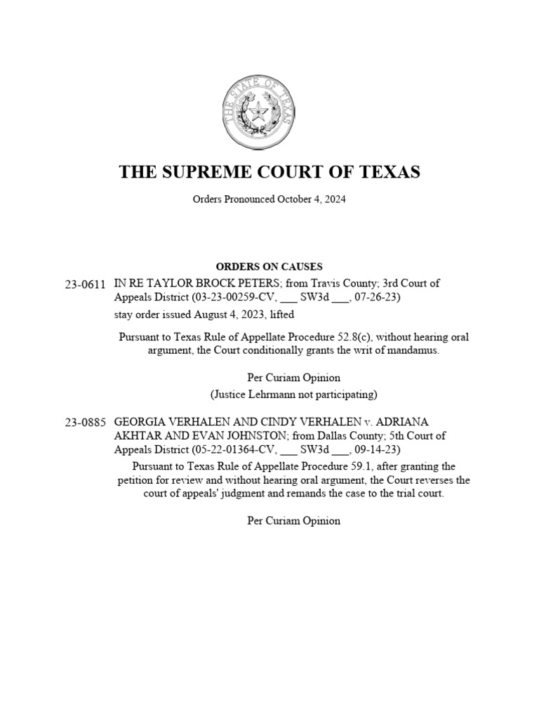 Supreme Court of Texas Orders 10-04-2024 | PDF | Appeal | Supreme Court ...