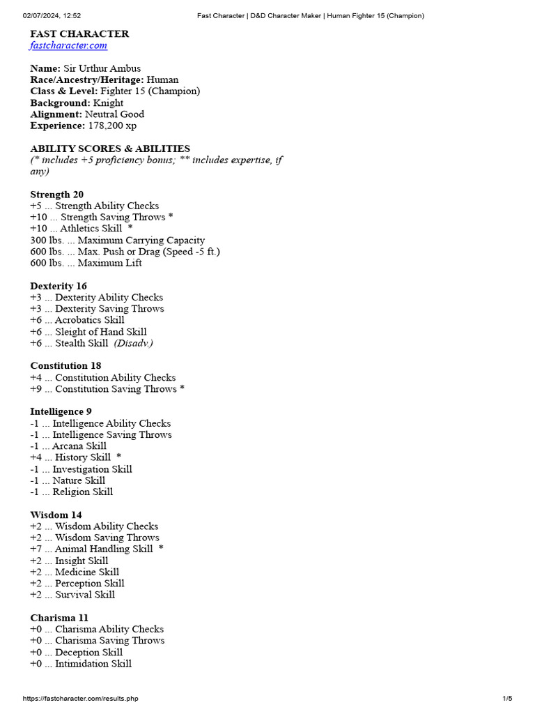 Fast Character - D&D Character Maker - Human Fighter 15 (Champion) | PDF