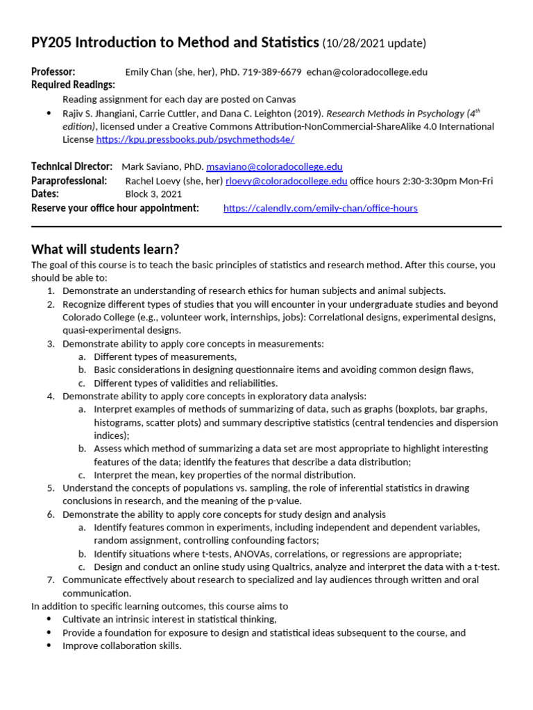 2021 Fall Research Design Stats Syllabus Chan | PDF