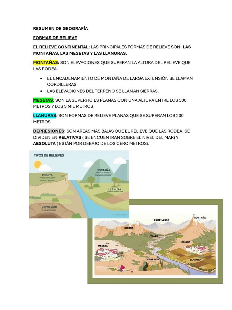 Resumen Formas de Relieve y Relieve Submarino | PDF