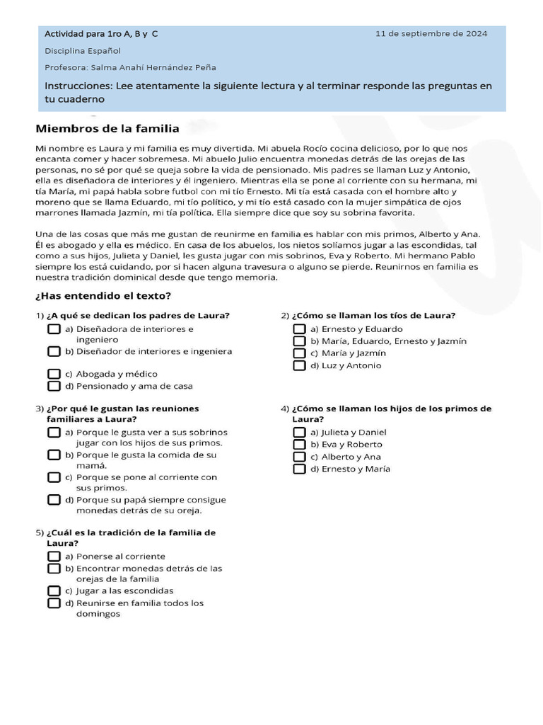 Actividad Español 1ro A, B y C | PDF